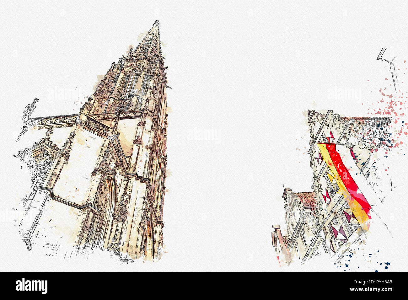 illustration or watercolor sketch. View of the Lamberti church and old ...