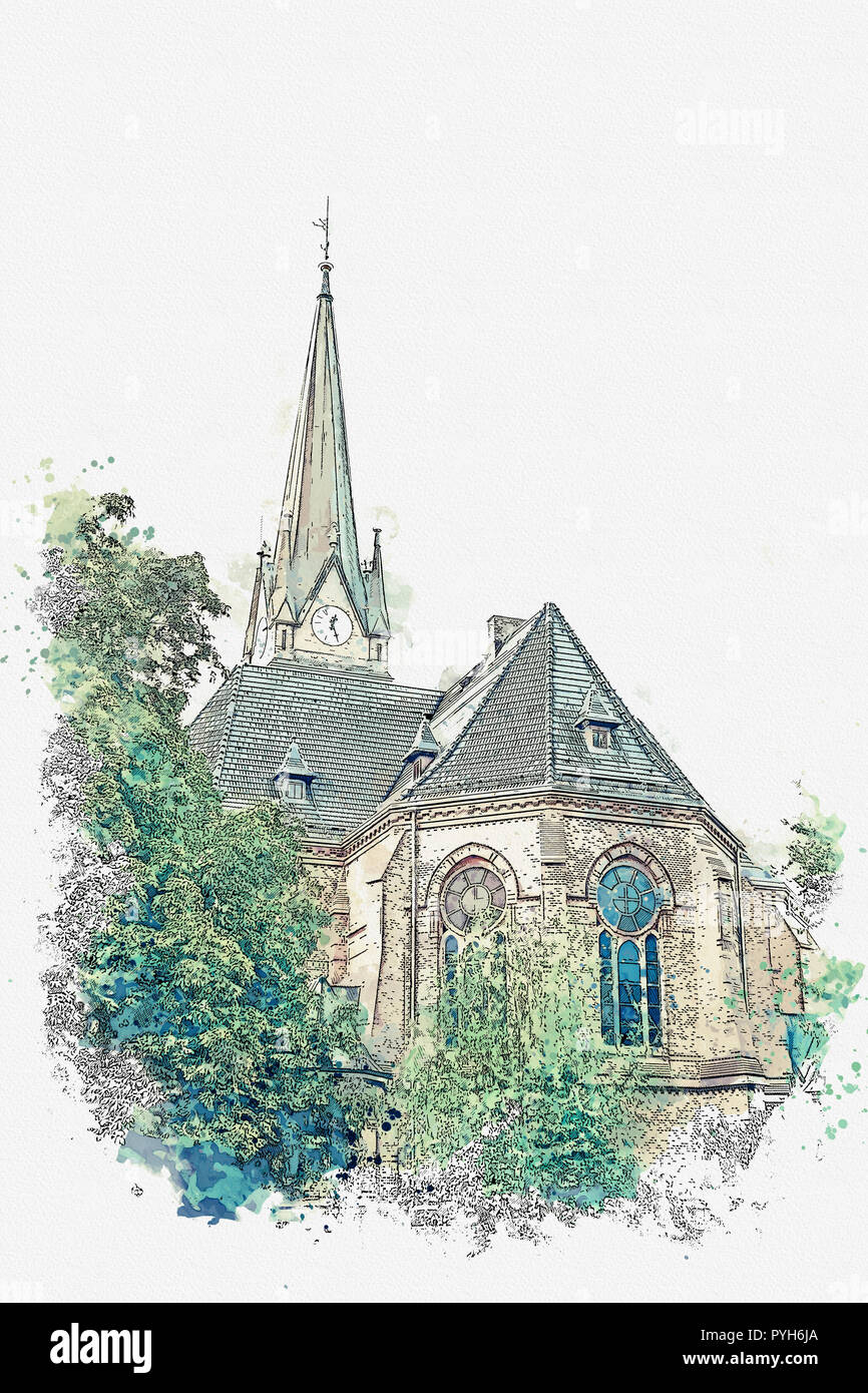 Watercolor sketch or illustration of a church in Leipzig in Germany ...