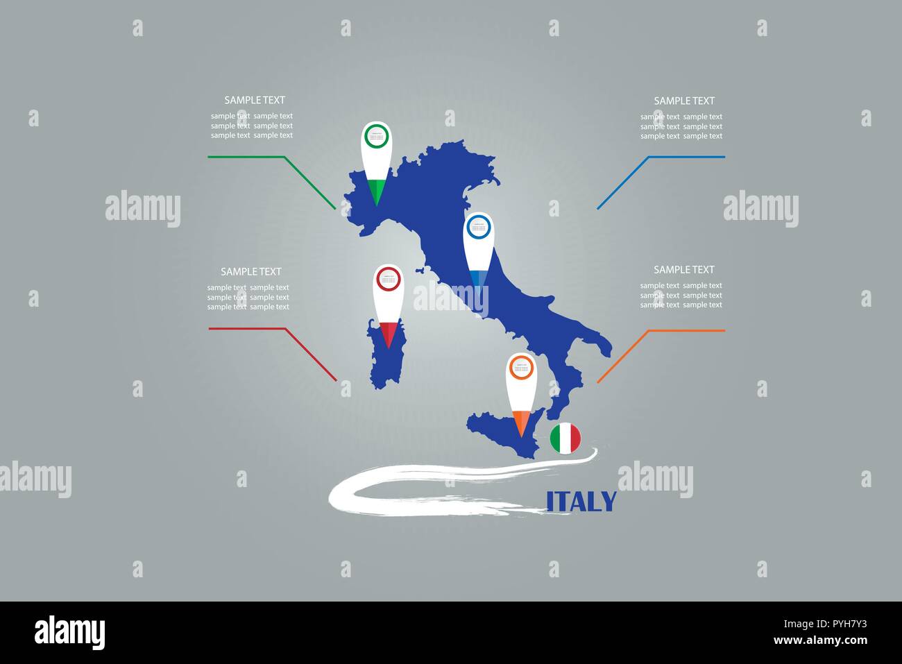 Infographic of the blind map and circle flag of Italy with labels and ...