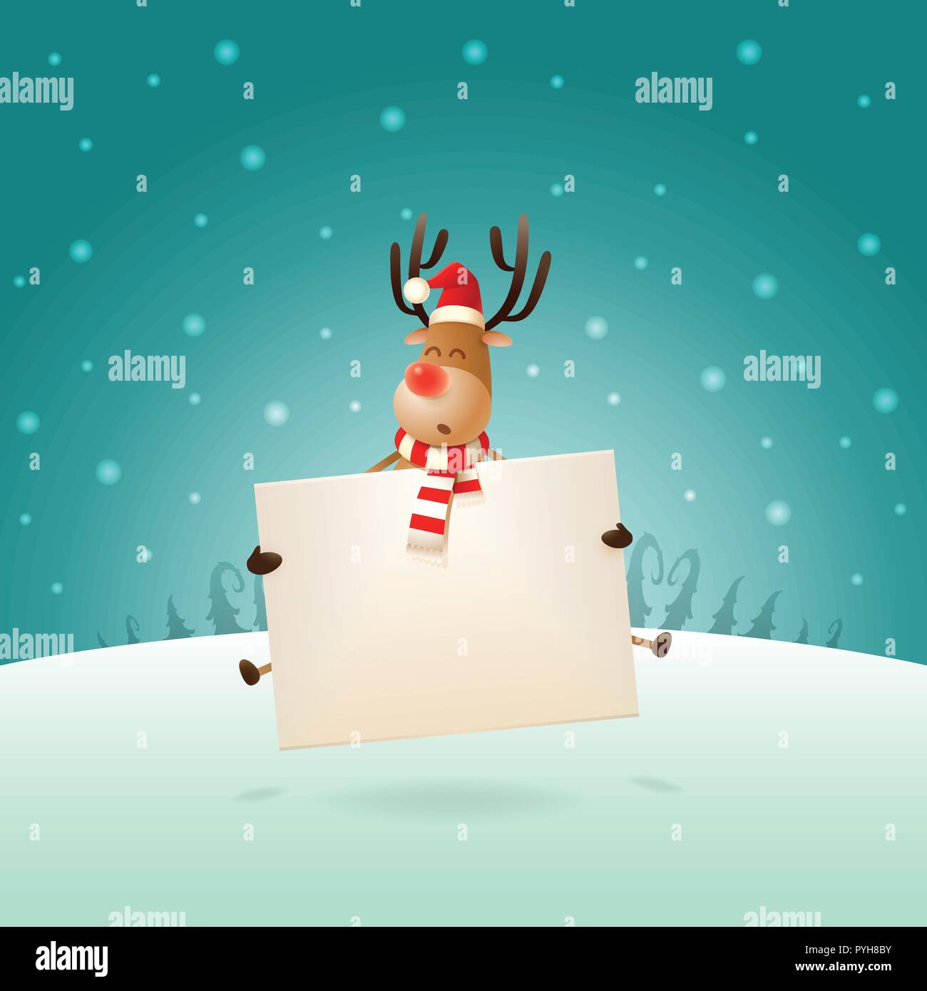 Cute Reindeer jumping with board on winter landscape - Christmas ...