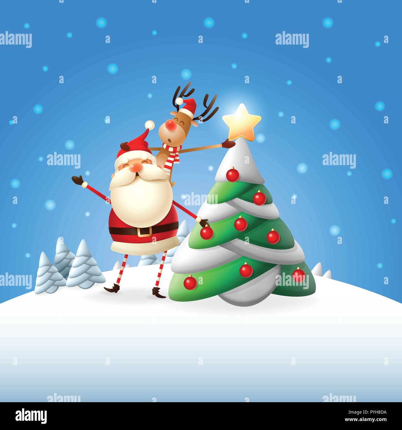 Santa Claus and reindeer decorated Christmas tree, reindeer put star on ...