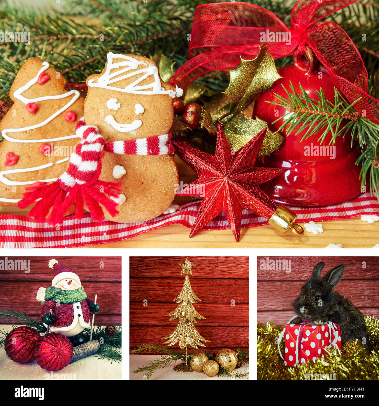 christmas collage, gingerbread, snowman, tree, gift, rabbit Stock Photo ...