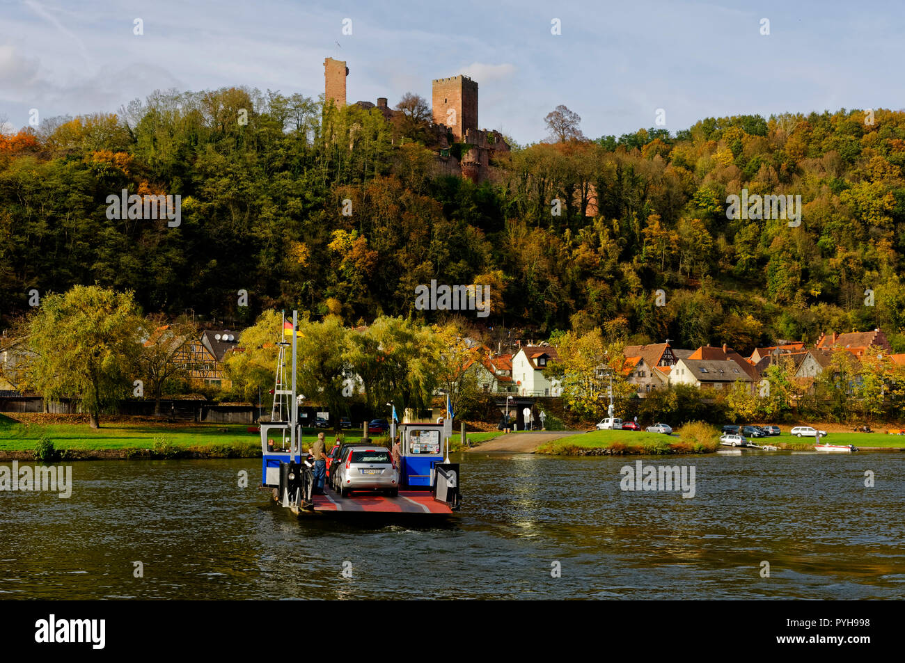 Ferry boat on river Main from Mondfeld to Stadtprozelten, in the ...