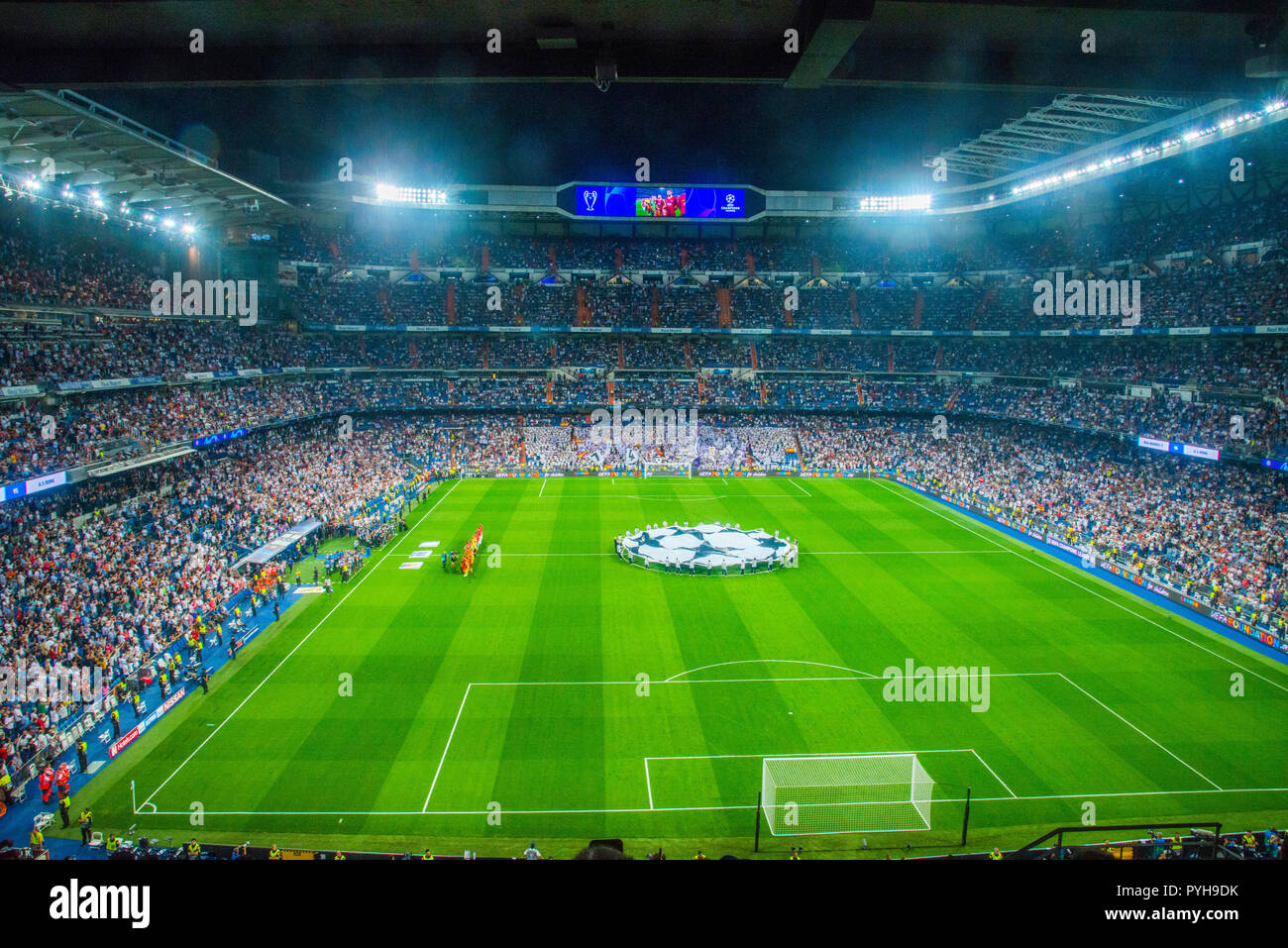 Champions League football match, previous moments. Santiago Bernabeu ...