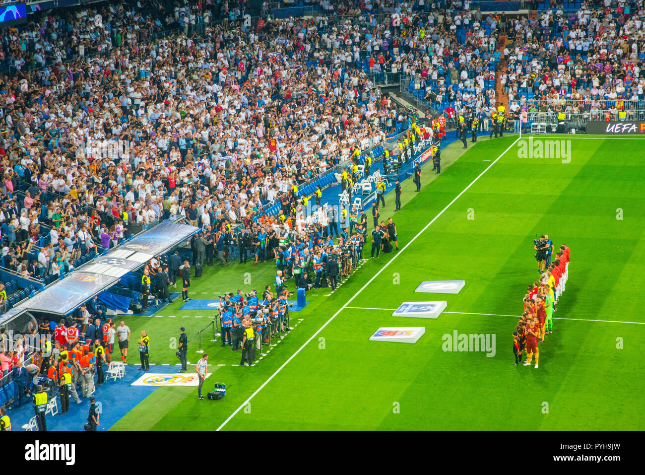 Champions League football match, previous moments. Santiago Bernabeu ...