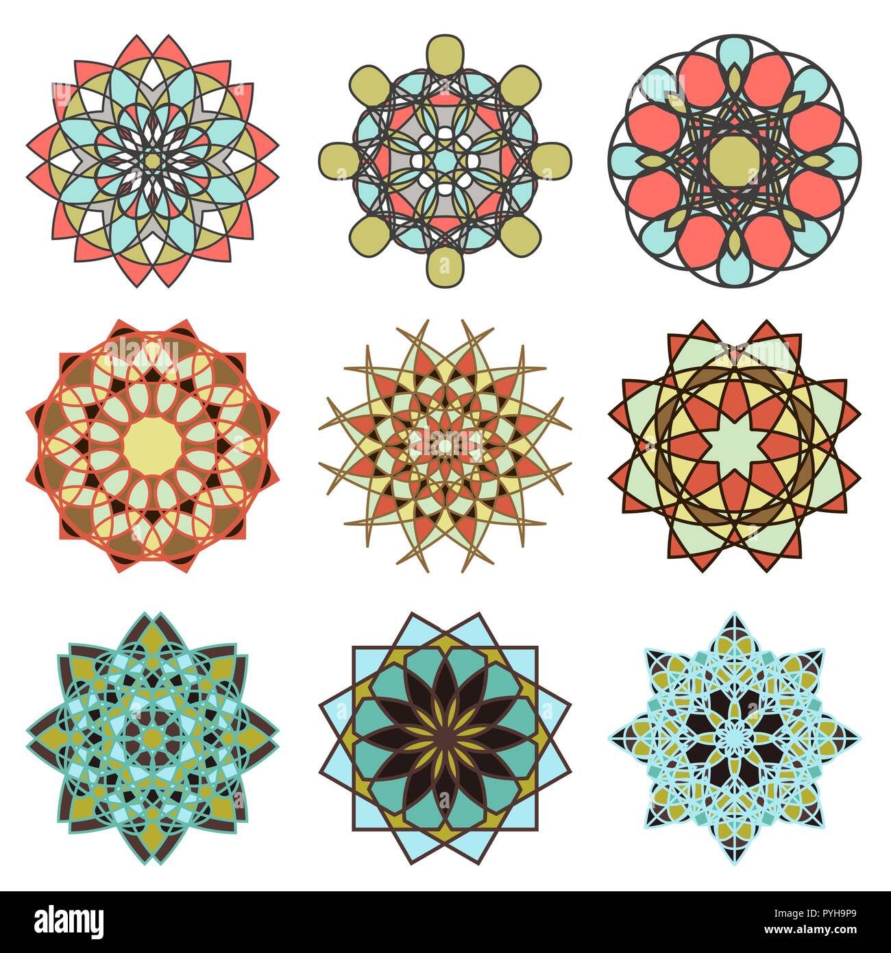 Set of six abstract multicolor mandala isolated on the white background ...