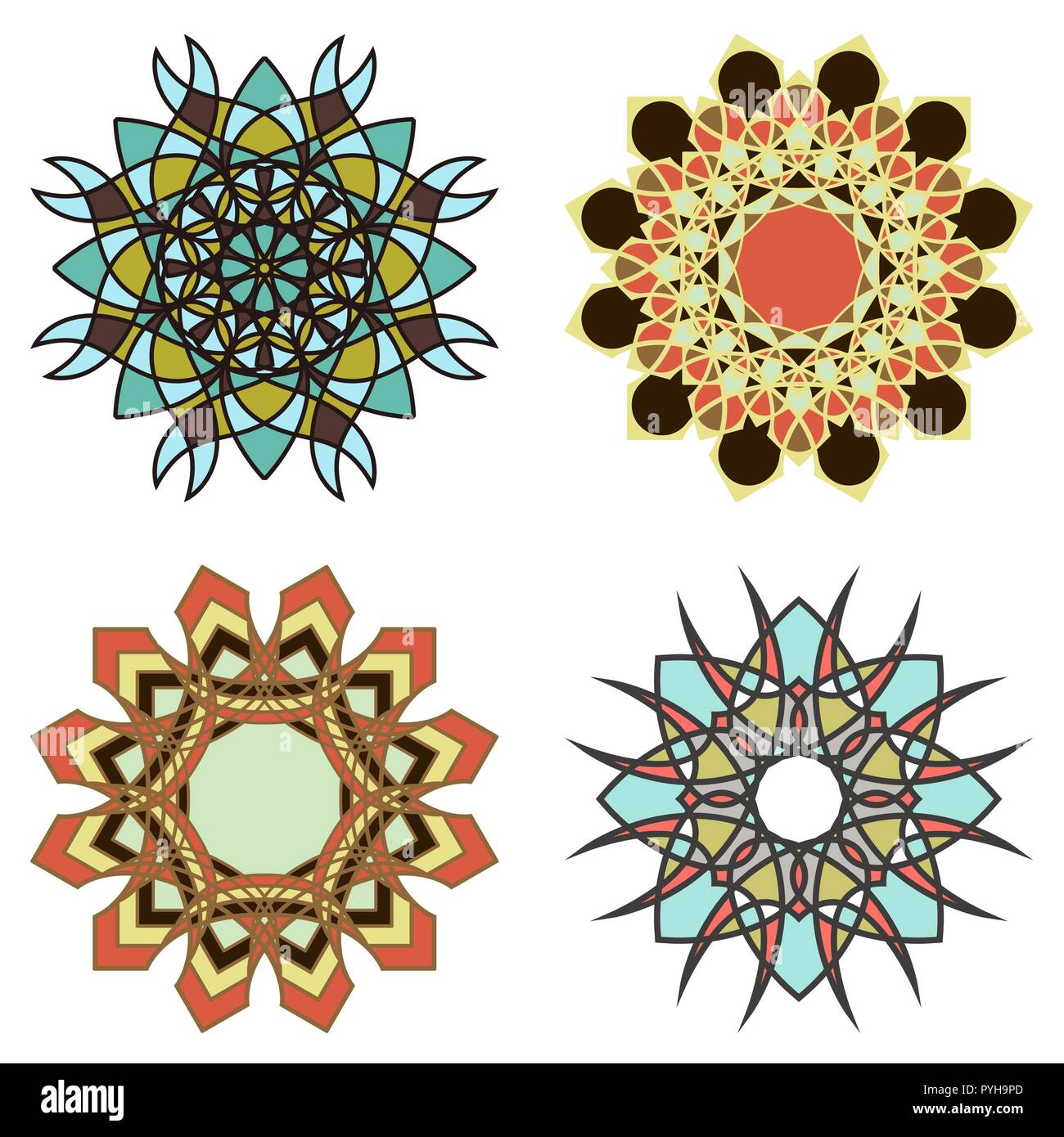 Set of four abstract multicolor mandala isolated on the white ...