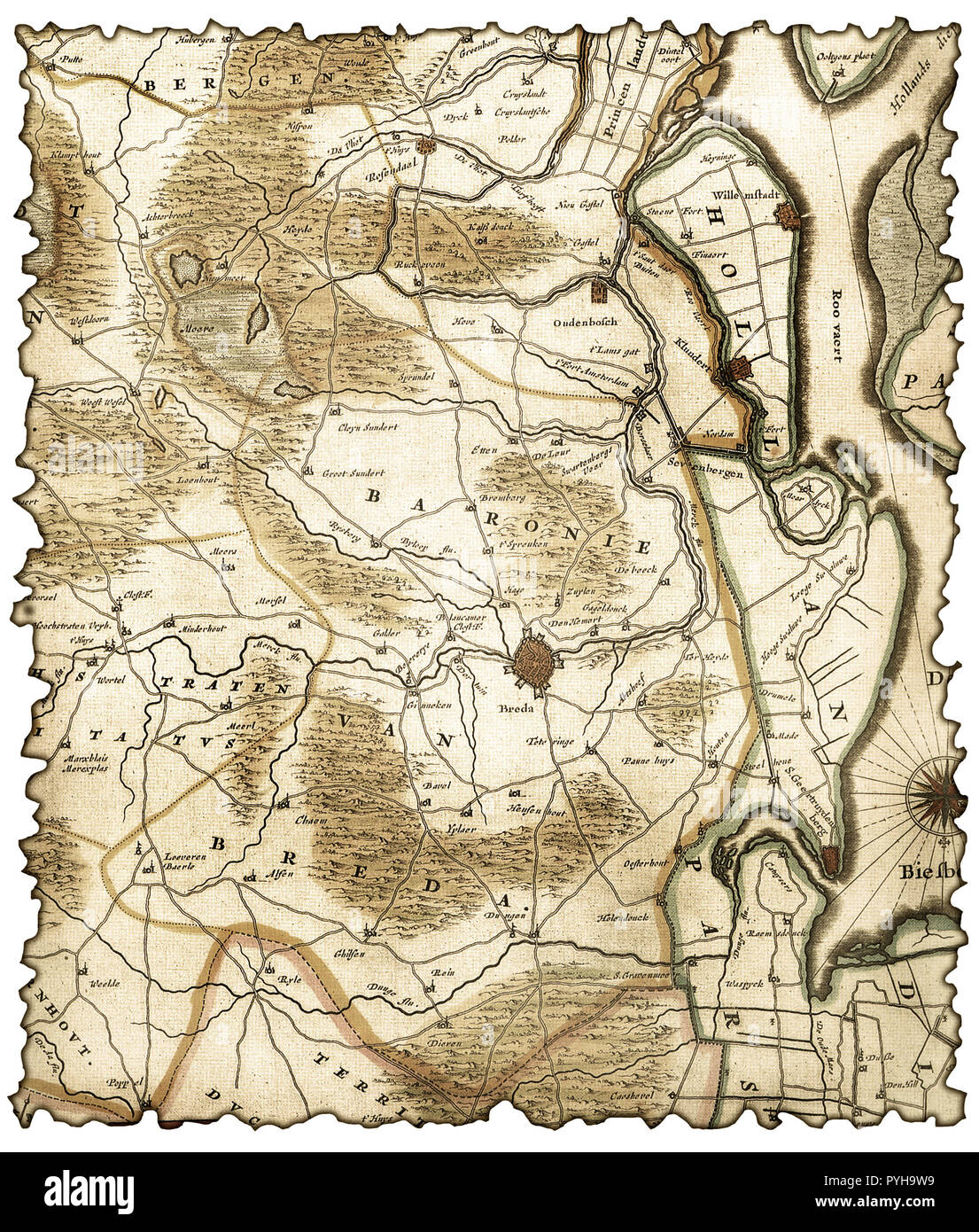 Yellowed and stained piece of old map on a white background, isolated ...