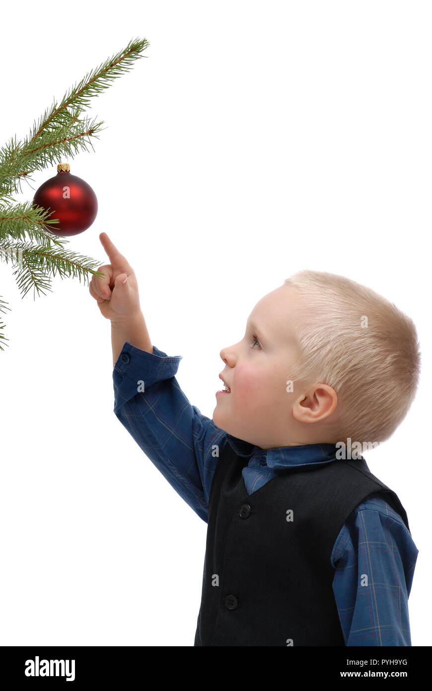 Little boy with Christmas tree on white background, isolated Stock ...