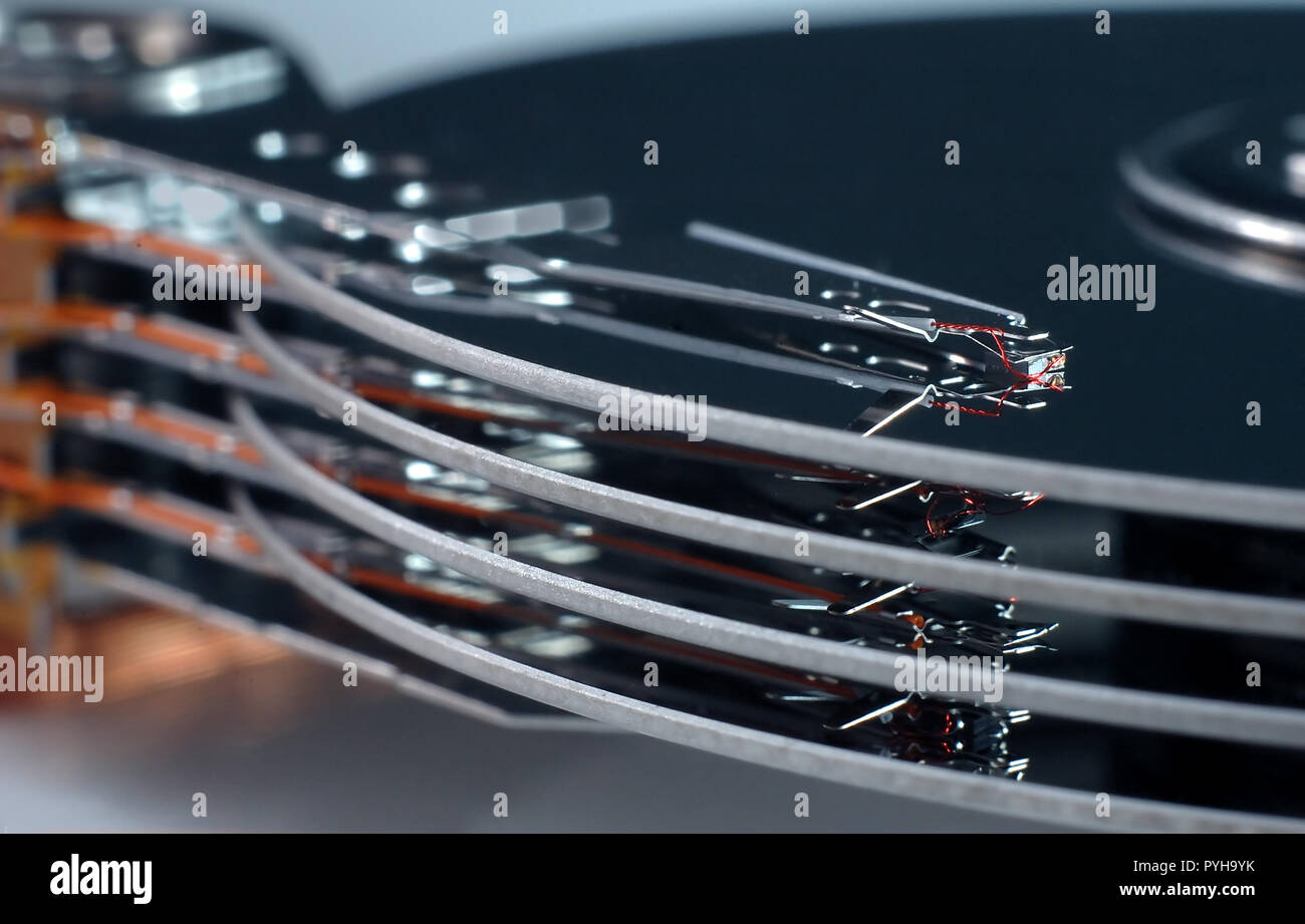 Closeup. Hard disk platters with heads. Picture in blue tone Stock ...