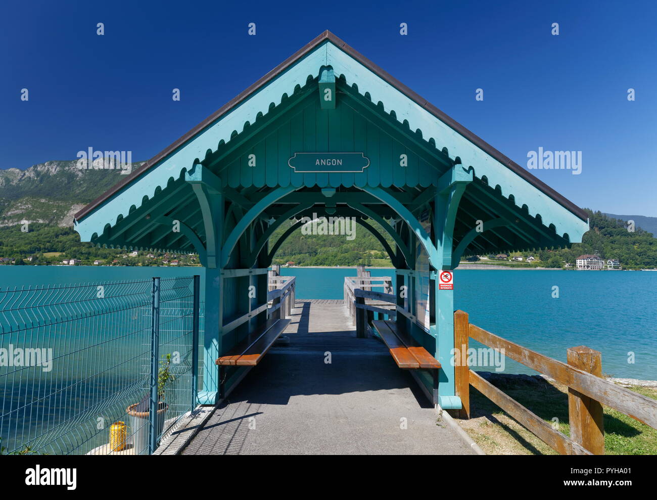 Ornate entrance hut to a wooden jetty on Lake Annecy France Stock Photo ...