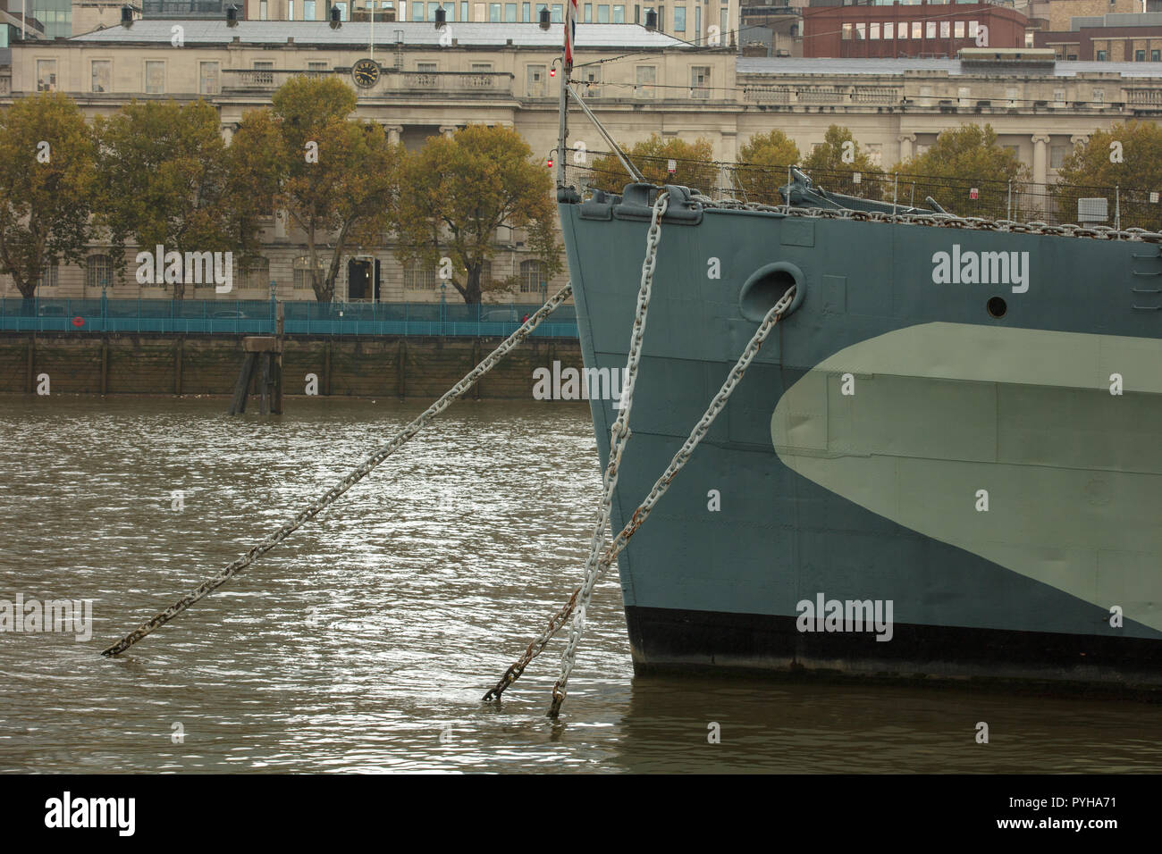 Bow of the second world war royal navy historic HMS Belfast, moored on ...