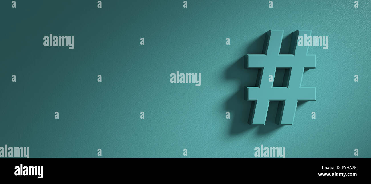 Hashtag sign on pastel green wall background, banner, copy space. 3d ...