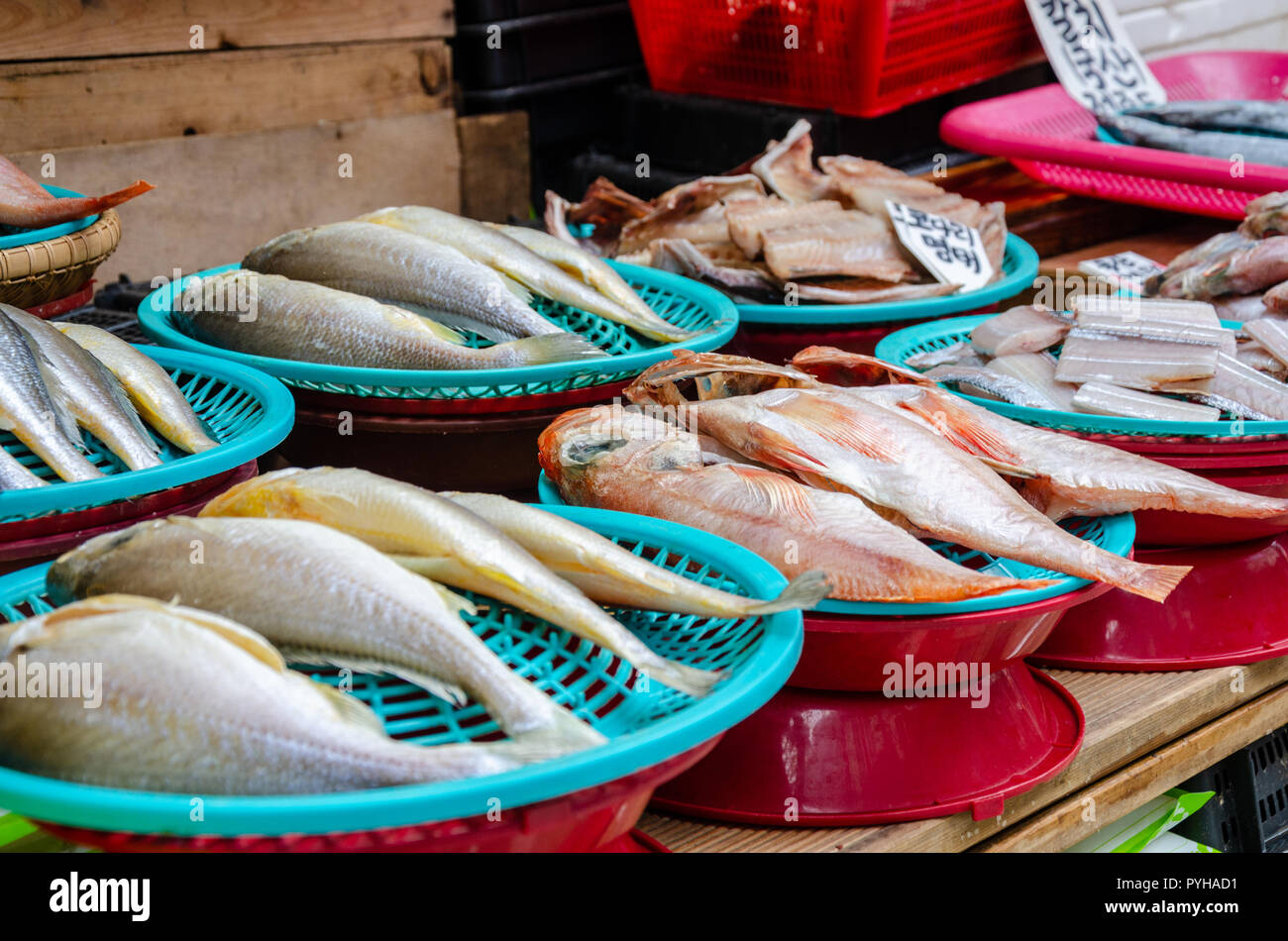 Fresh fish displayed outside a seafood restaurant in Haeundae, Busam ...