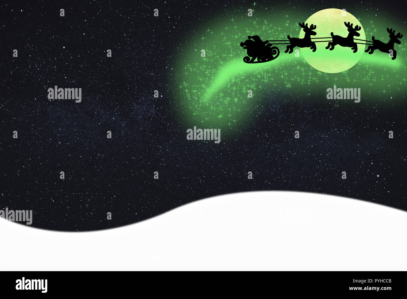 merry christmas card santa claus flying in the air on his sleigh ...