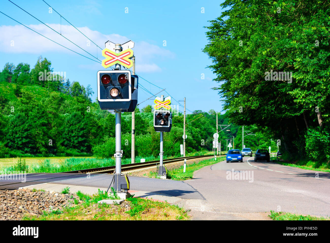 Semaphores in front of the railway crossing. Warning signaling on ...