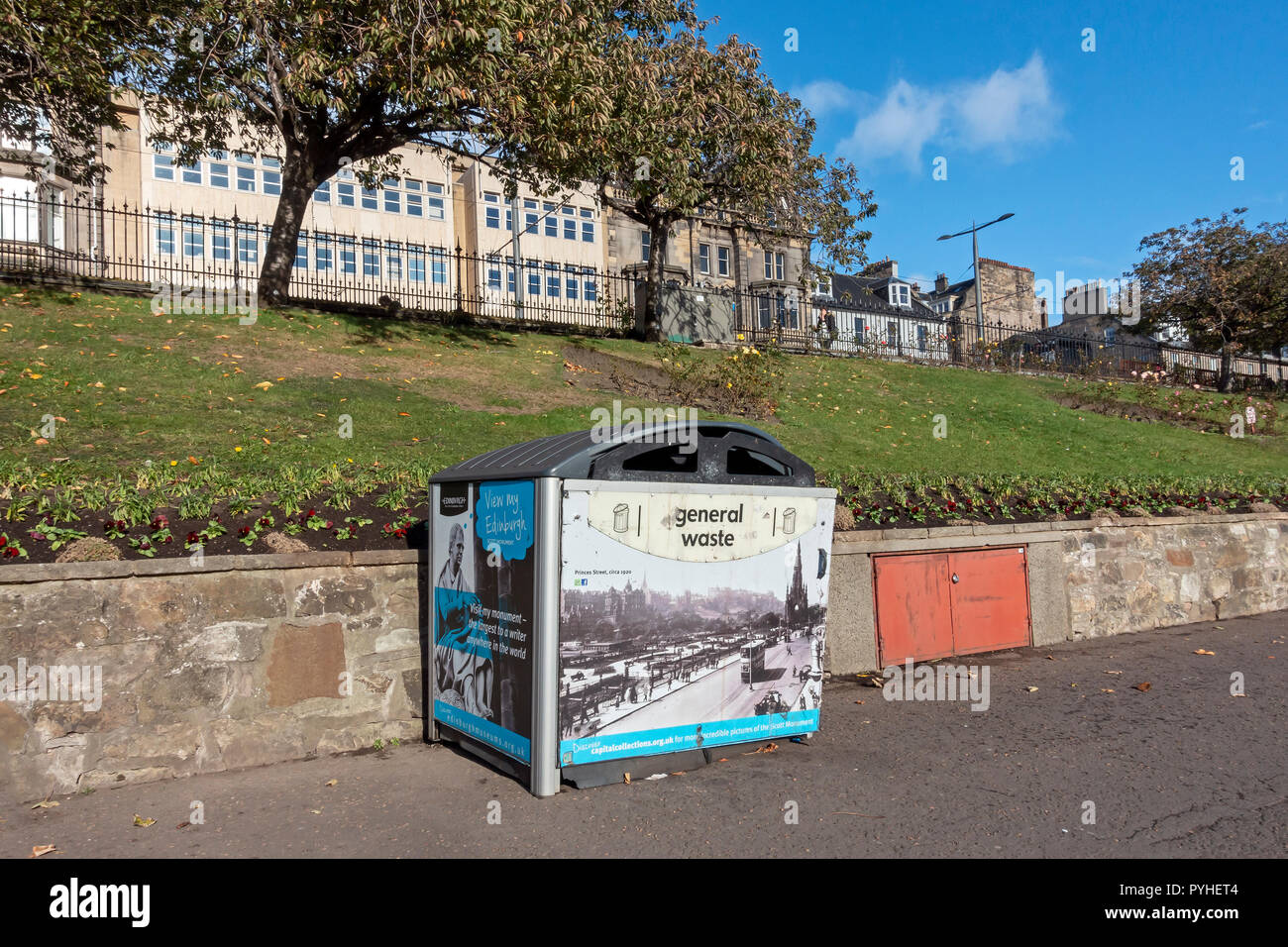 Waste bin with images of historical Princes Street and Gardens in West ...
