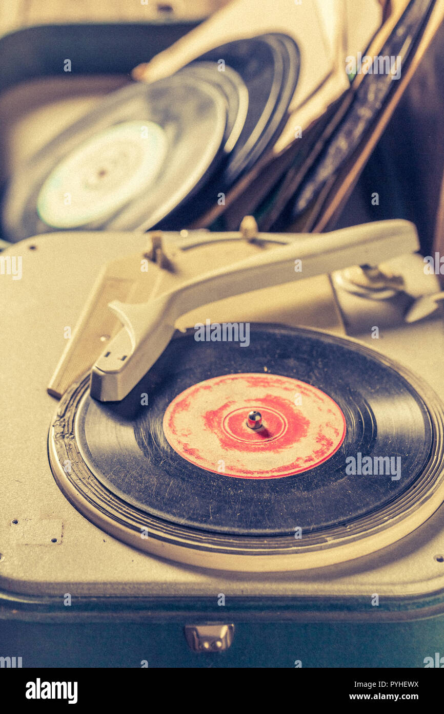 Vintage record player and old vinyls with scratched Stock Photo - Alamy