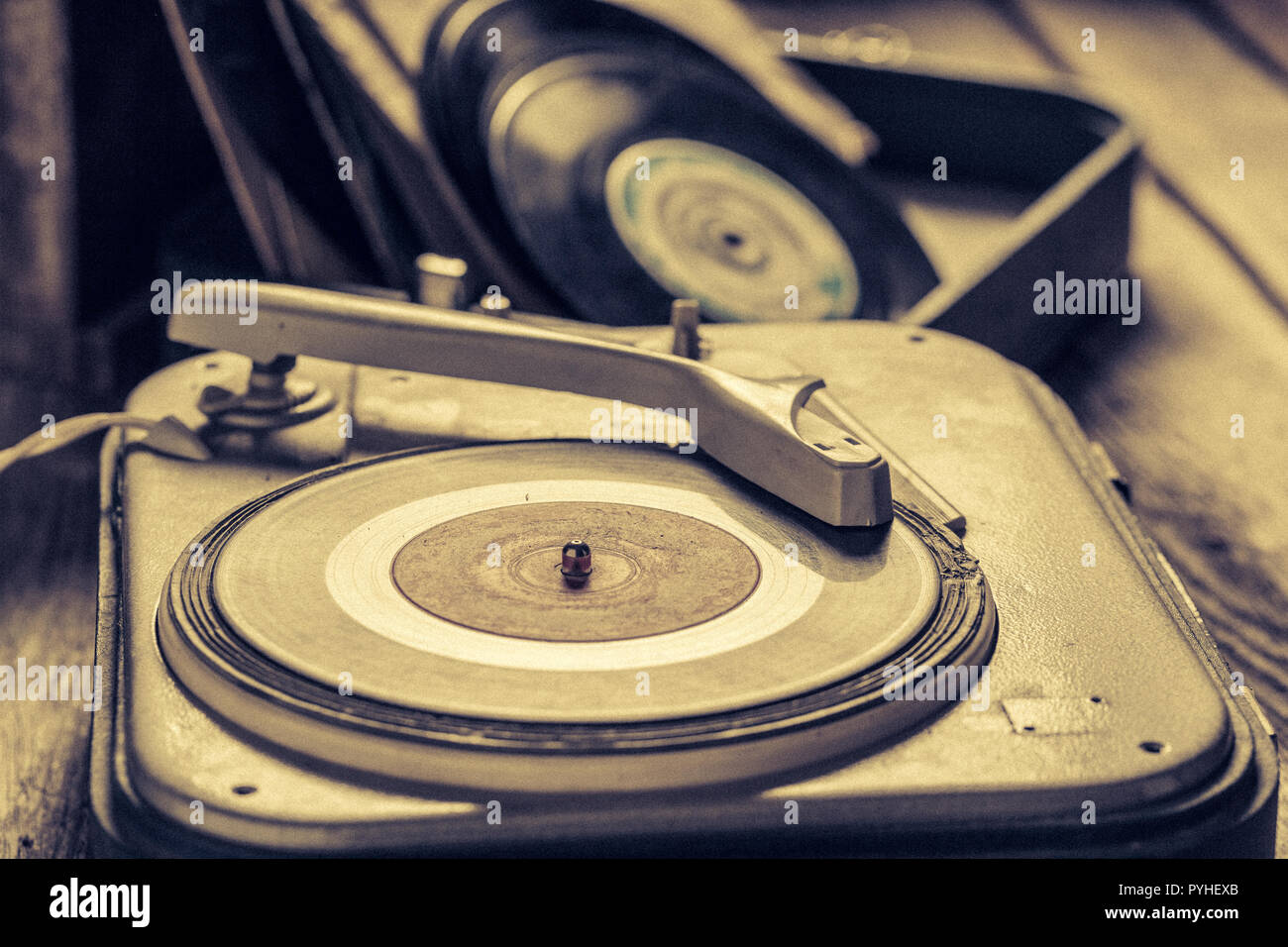 Retro gramophone with a stack of vinyl records Stock Photo - Alamy