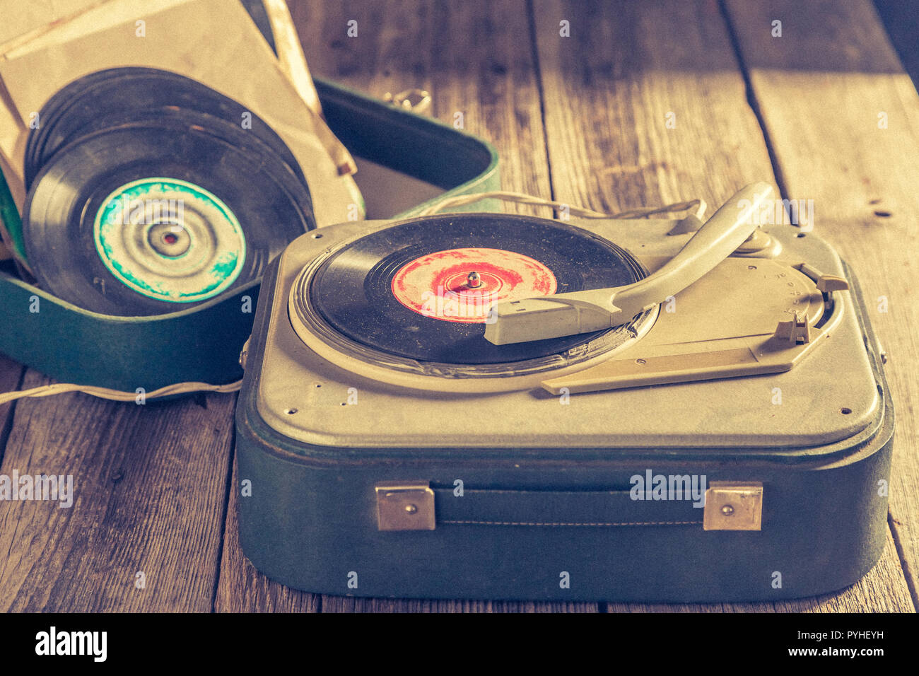 Classic gramophone and vinyls as toned and filtered photo Stock Photo ...
