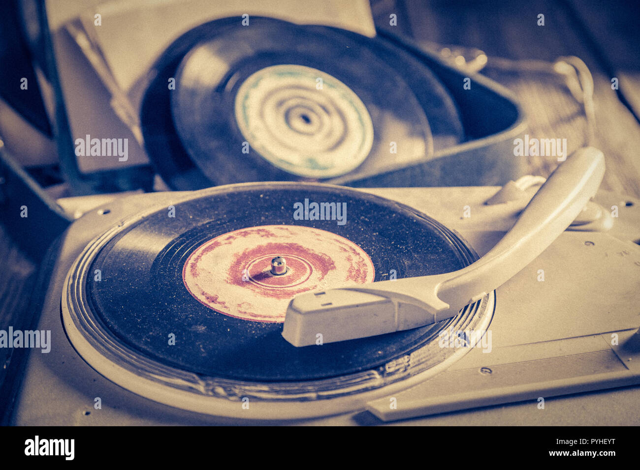 Old gramophone and old vinyls with scratched Stock Photo - Alamy