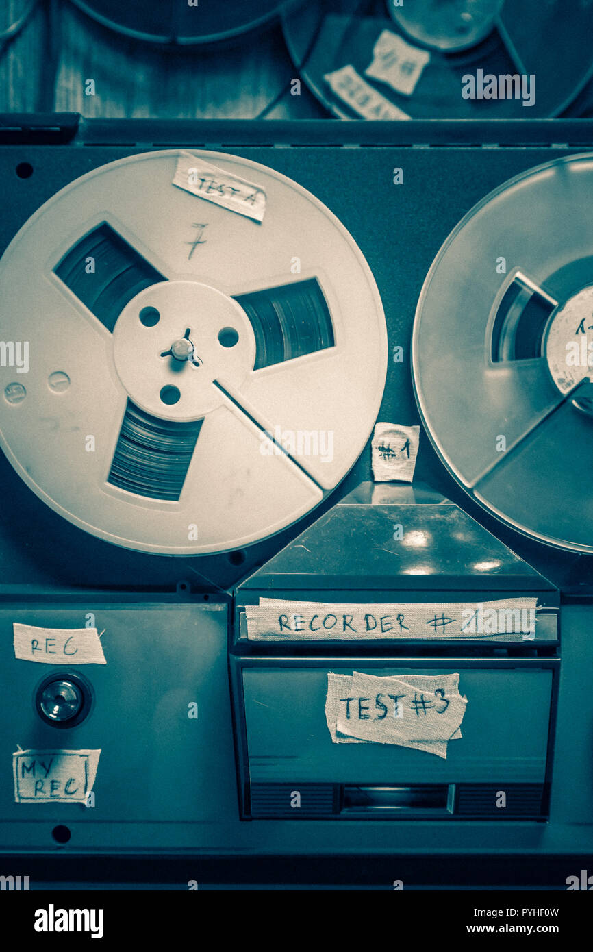 Retro audio tape recorder with microphone and roll of tape Stock Photo ...