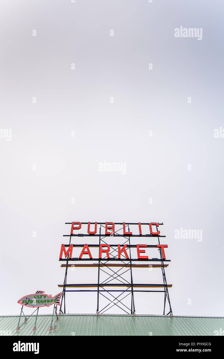 Seattle Pike Street Market - Public Market sign Stock Photo - Alamy