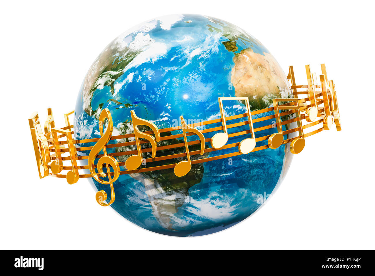 Earth Globe with musical notes around, 3D rendering isolated on white ...