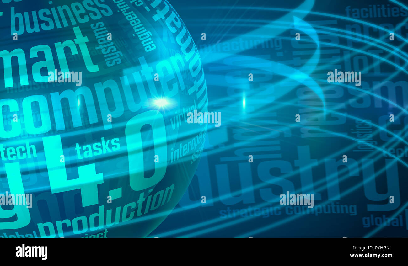 sphere mapped with a word cloud, concept of industry 4.0 (3d render ...