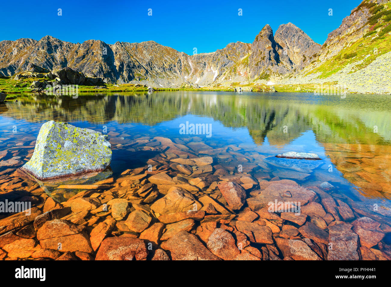 Amazing high mountains landscape, blue sky and clean alpine lake with ...