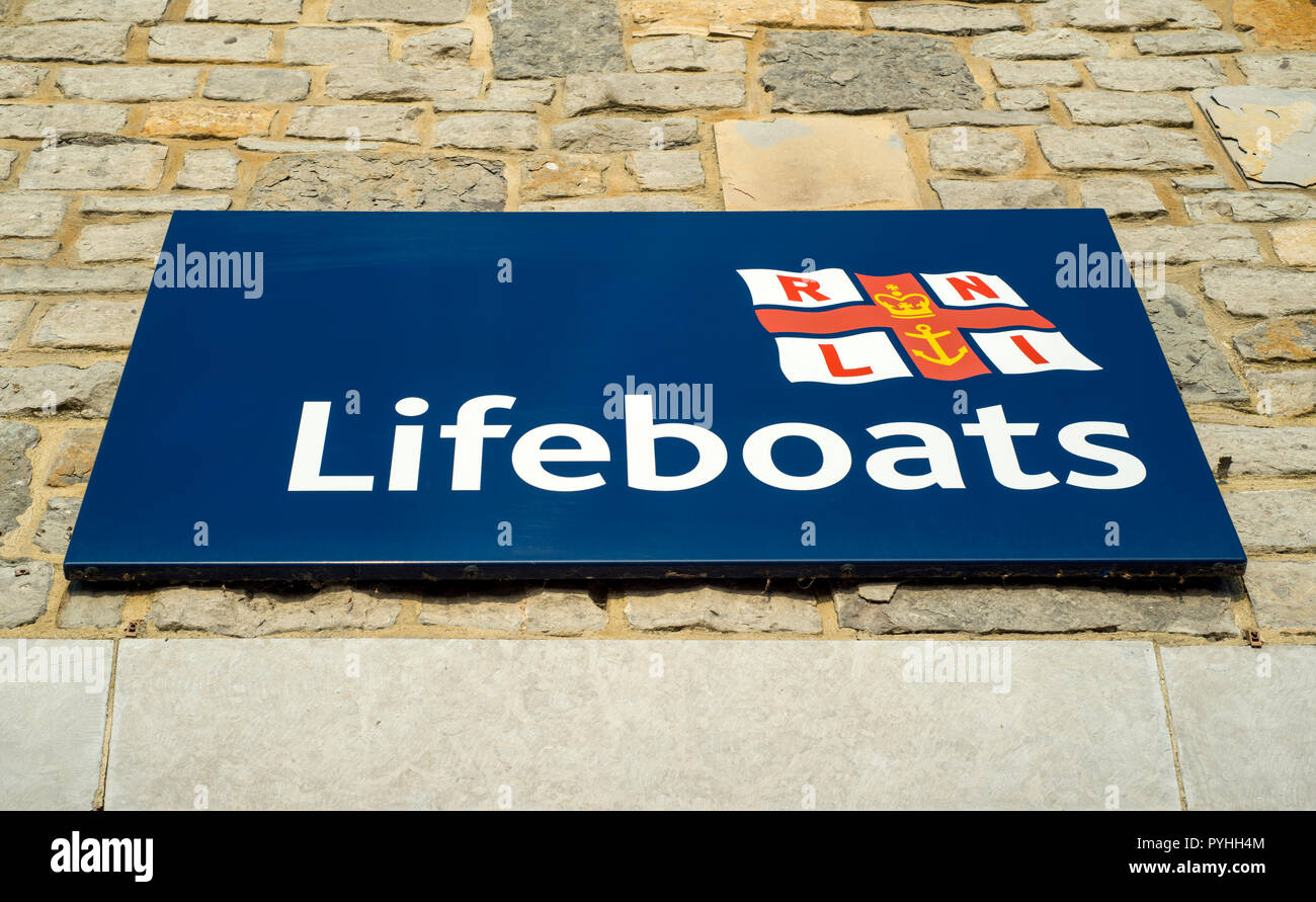 Lifeboats sign in the harbour at Port Isaac, Cornwall, England, UK ...