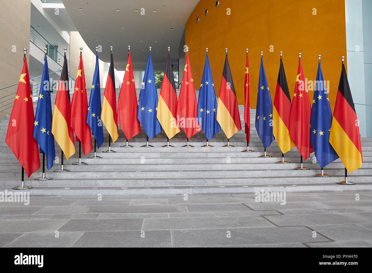 Berlin, Germany - Lined up in the Federal Chancellery - European flags ...