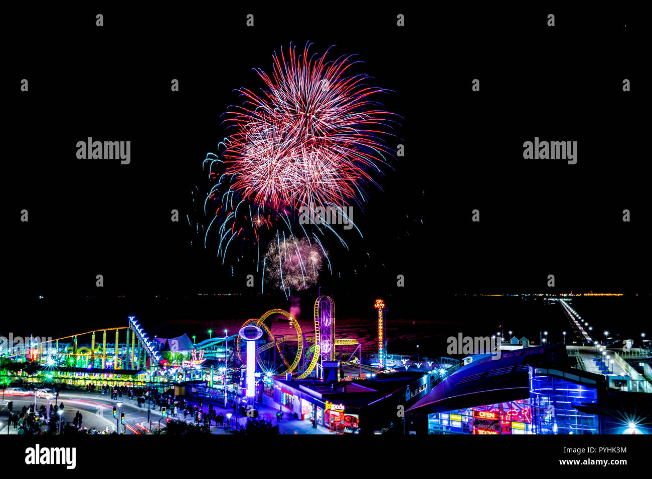 Southend on Sea fireworks over Adventure Island Stock Photo - Alamy
