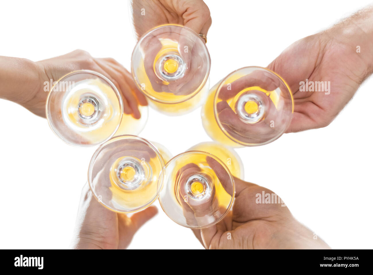 Bottom view of a Group of friends drinking beer, toasting, at pub on ...