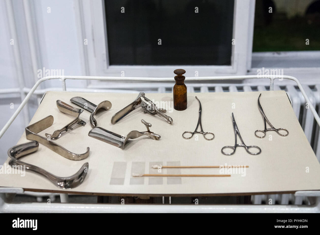 Old gynecology and obstetrics tools, instruments and devices on display ...