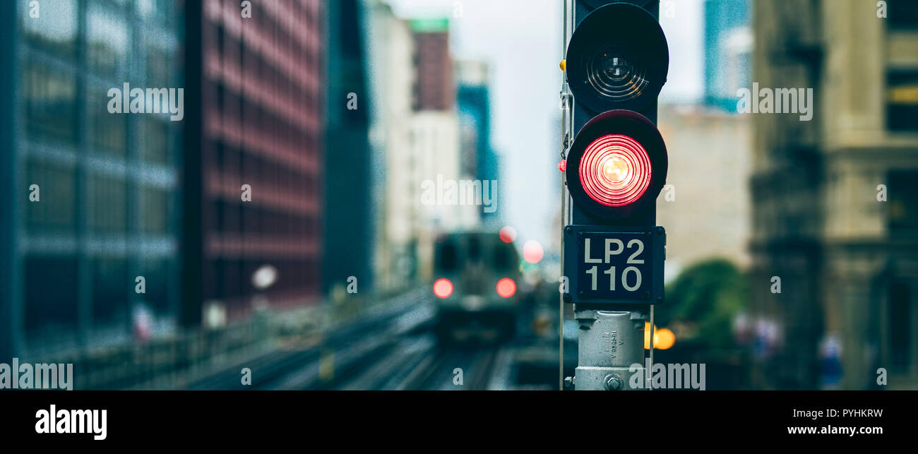 Panoramic view of elevated railway traffic light in Chicago, USA Stock ...