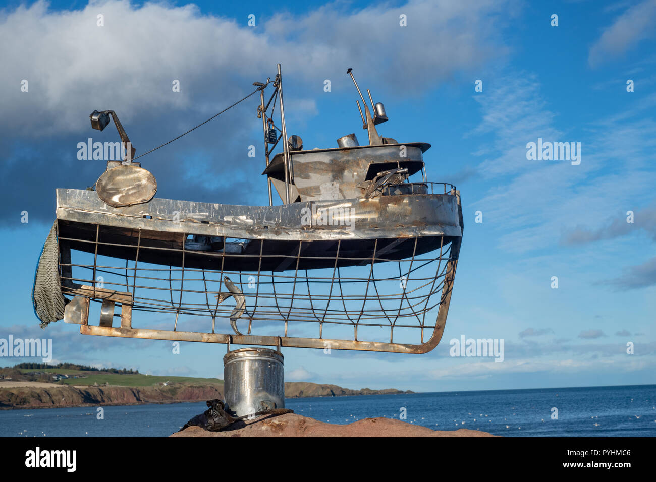 Fishing boat sculpture on Stonehaven Bay Beach, Aberdeenshire, Scotland ...