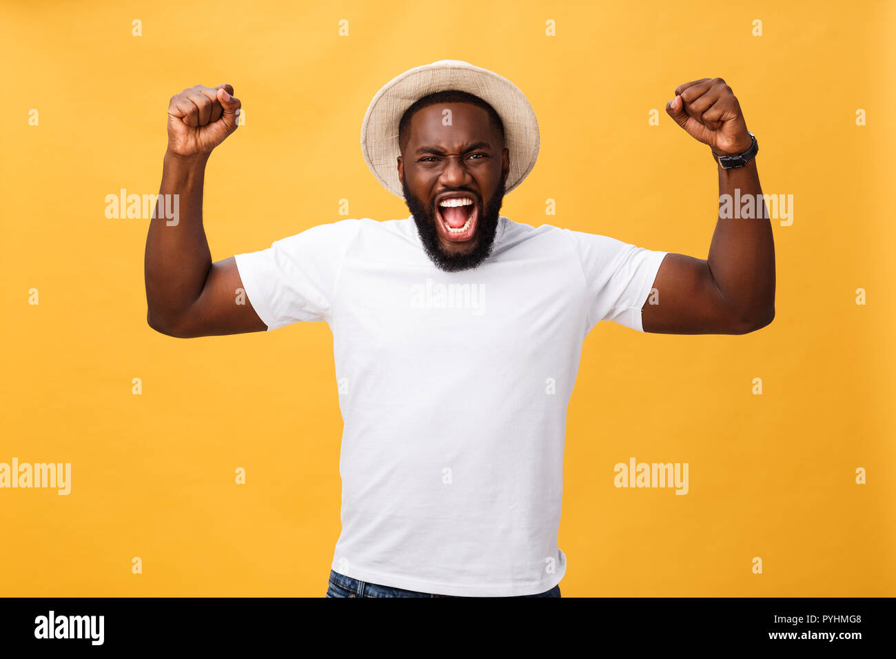 Handsome young Afro-American man employee feeling excited, gesturing ...