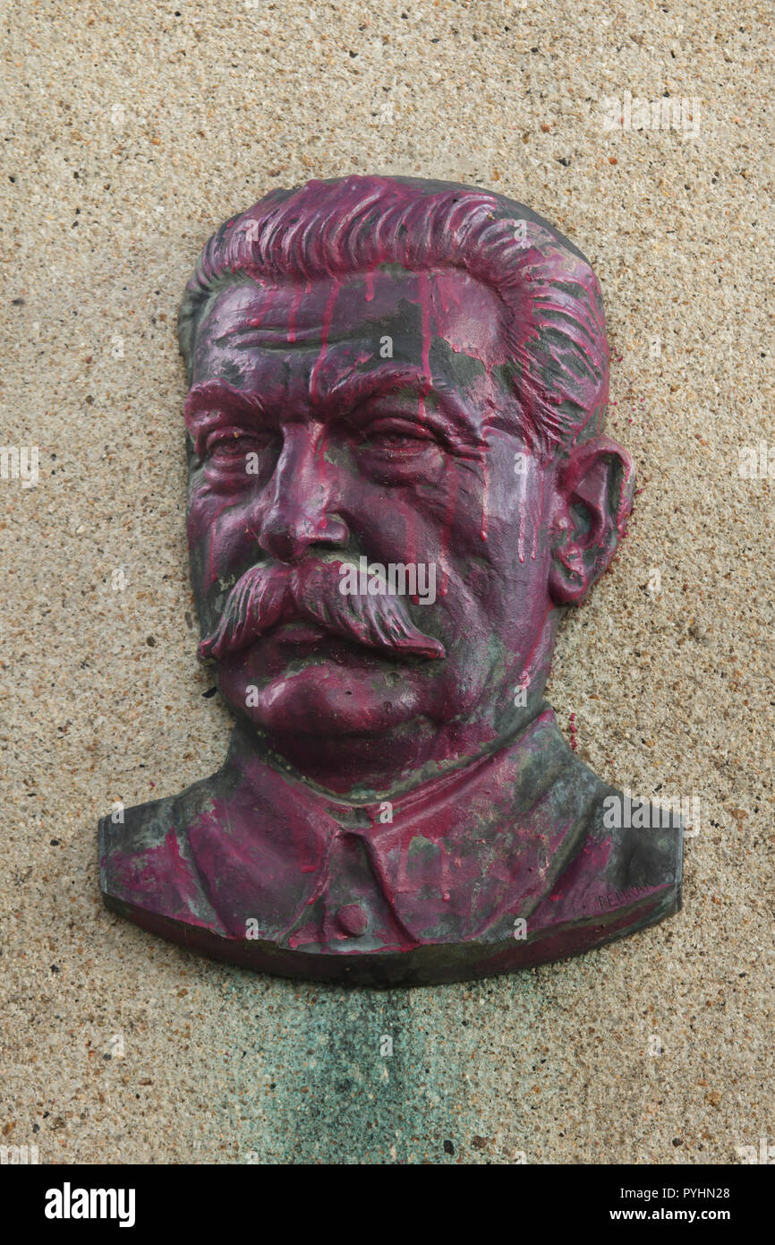 Soviet dictator Joseph Stalin vandalized with red paint on the obelisk ...