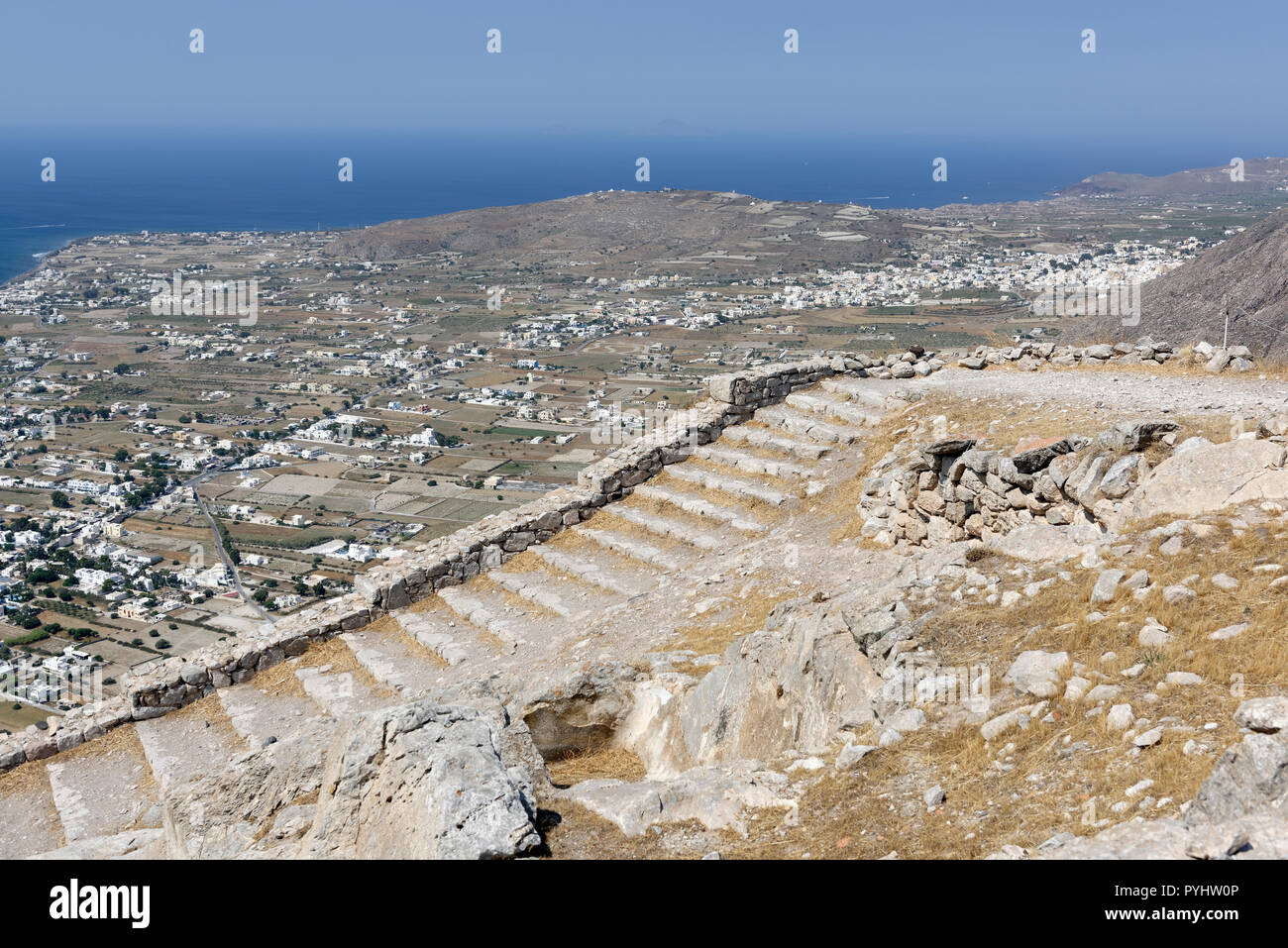 View from Ancient Thera on the summit of Mt Profitis Ilias of the ...