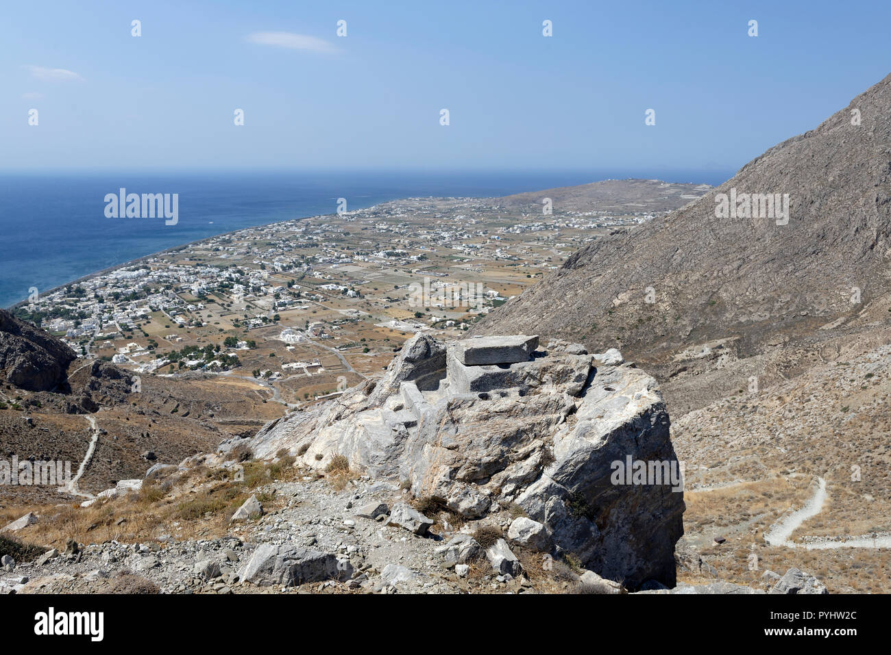 View from Ancient Thera on the summit of Mt Profitis Ilias of the ...