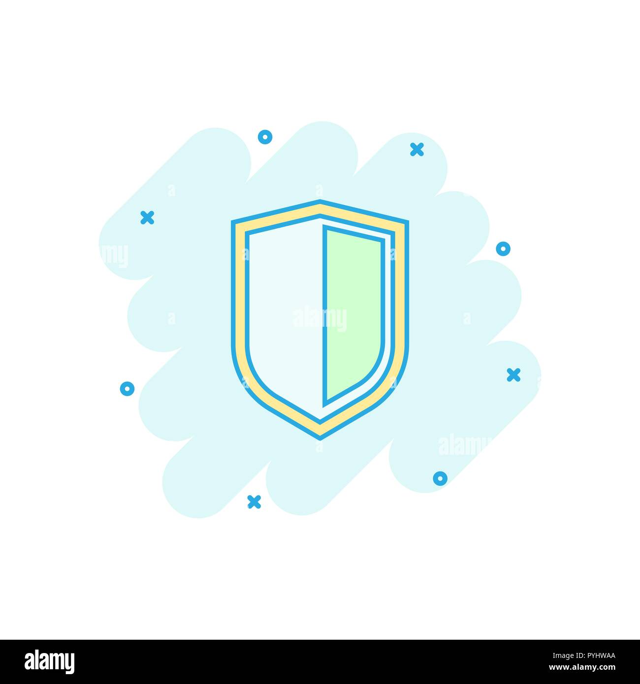 Vector cartoon shield protect icon in comic style. Defence sign ...