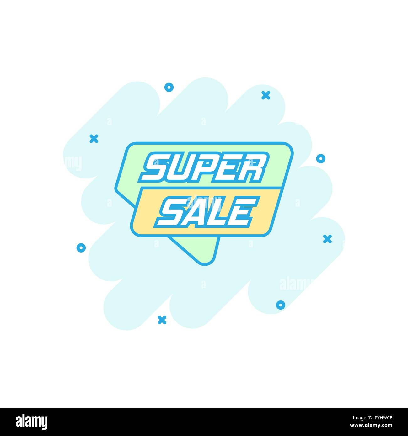 Vector cartoon super sale banner icon in comic style. Badge shopping ...