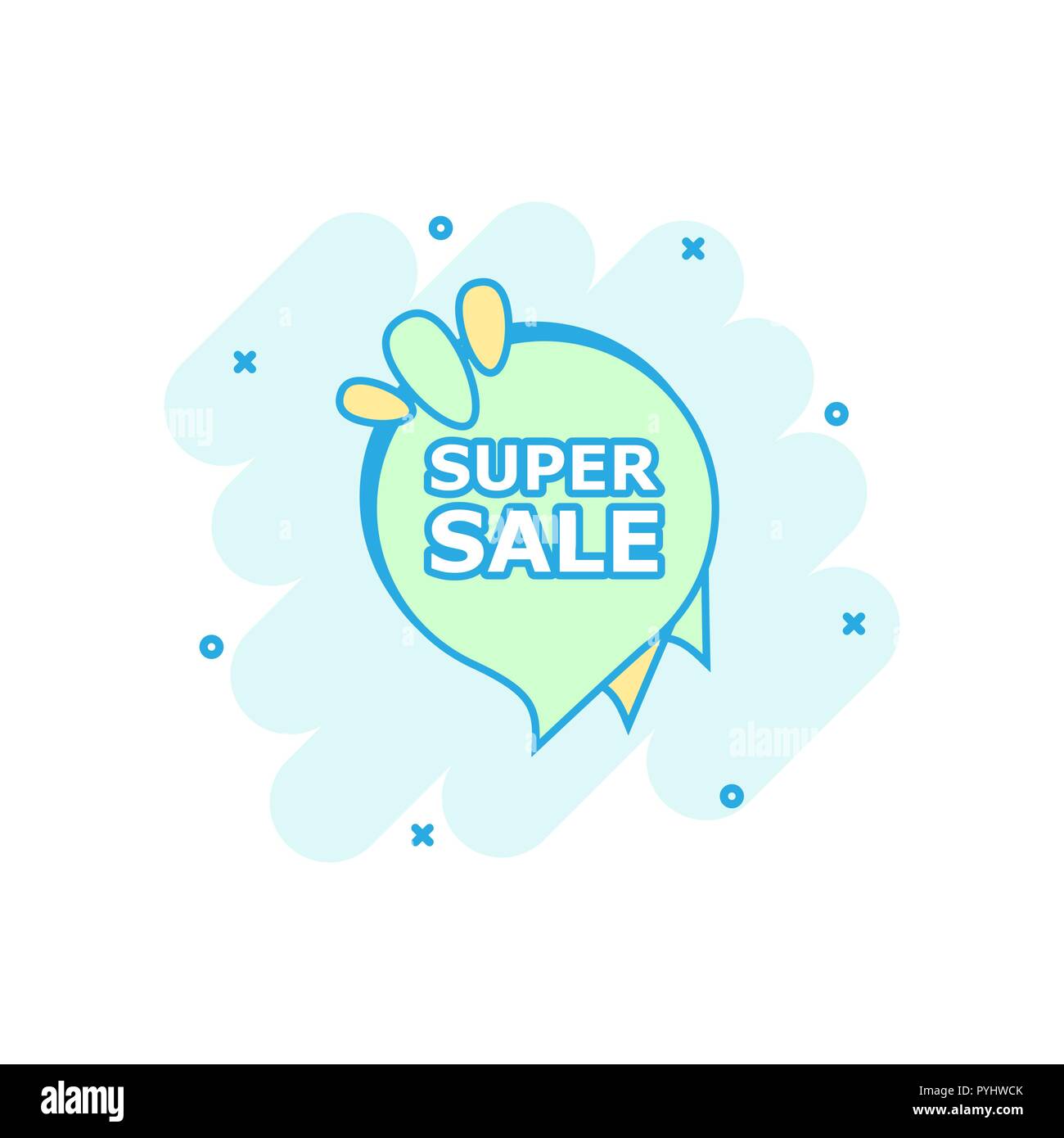 Vector cartoon super sale banner icon in comic style. Badge shopping ...