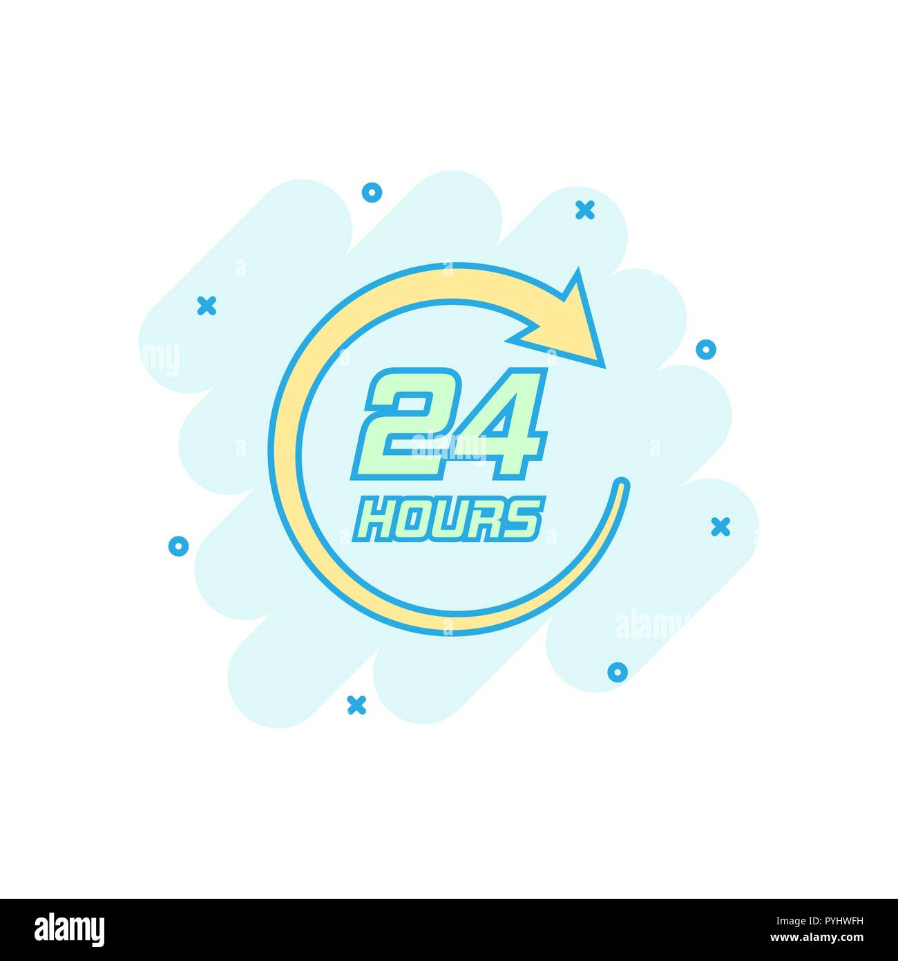 Vector cartoon twenty four hour clock icon in comic style. 24/7 service ...