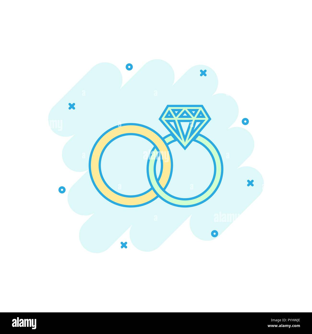 Vector cartoon engagement ring with diamond icon in comic style ...