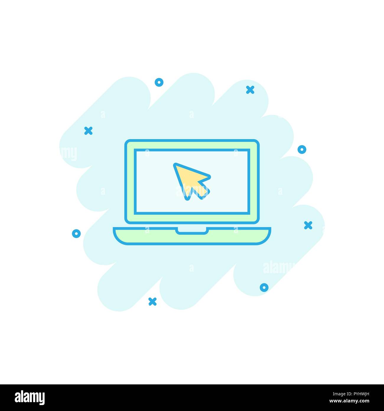 Vector cartoon laptop notebook with mouse cursor icon in comic style ...