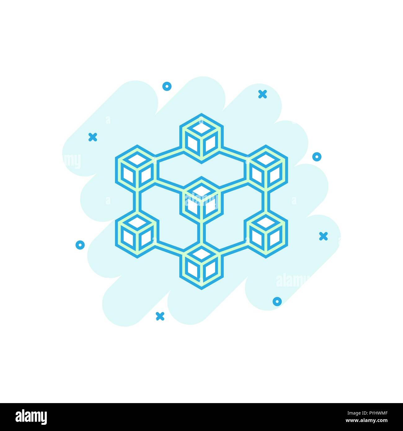 Vector cartoon blockchain technology icon in comic style. Cryptography ...