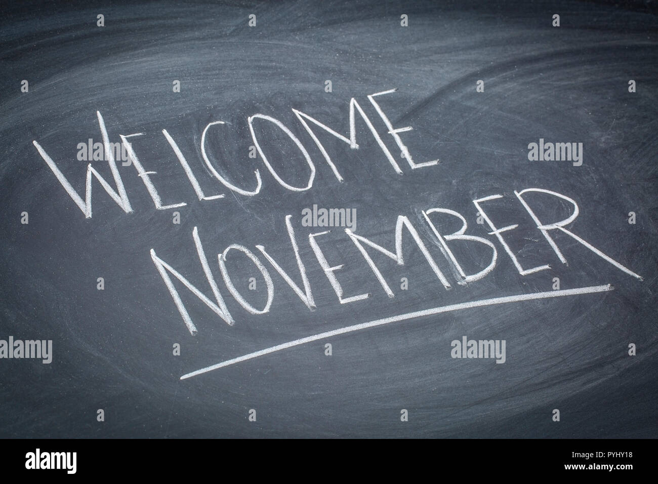 Welcome November - white chalk handwriting on a slate blackboard Stock ...