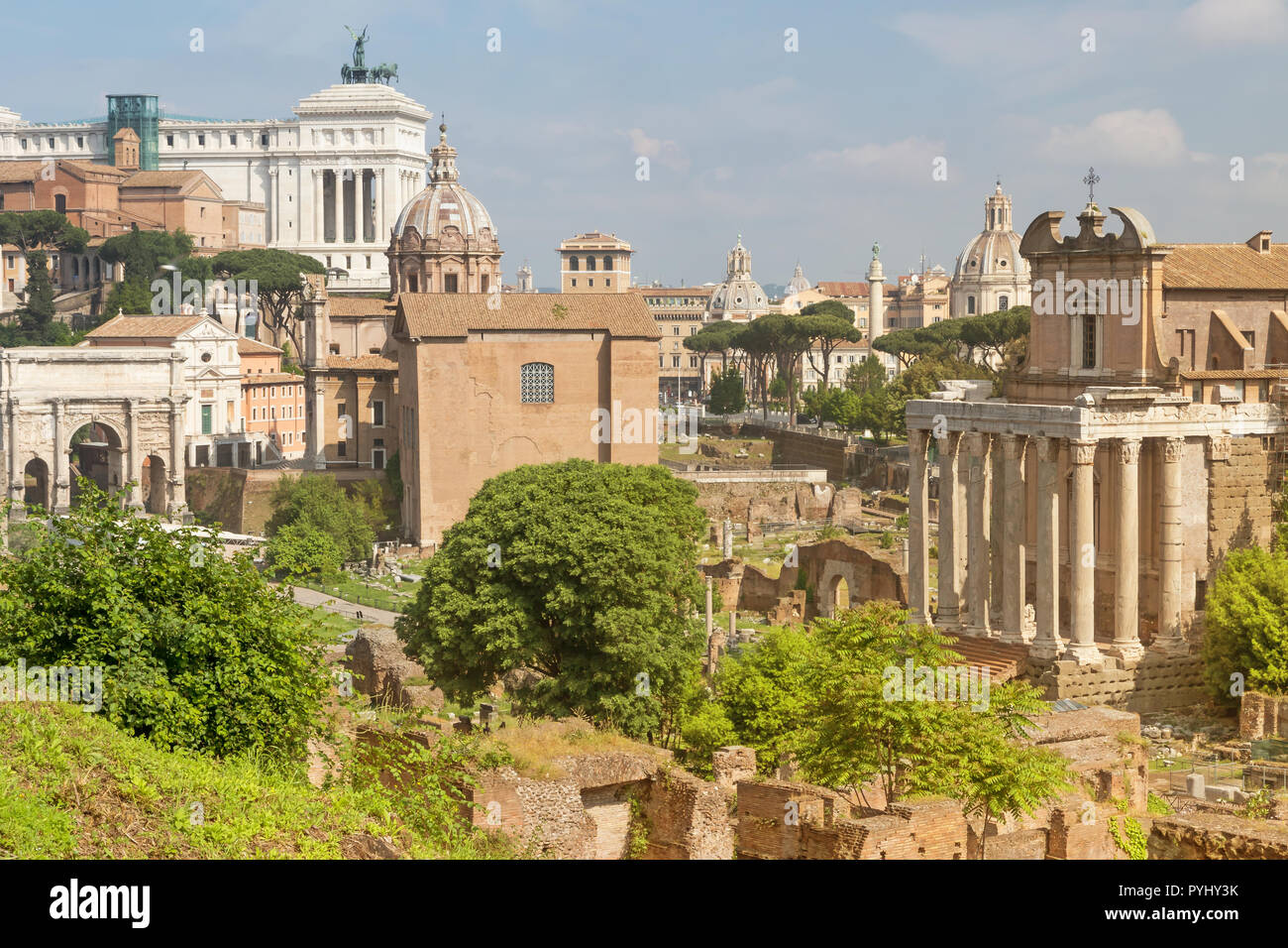 General view of empty Forum Romanum in Rome on a sunny summer day. All ...